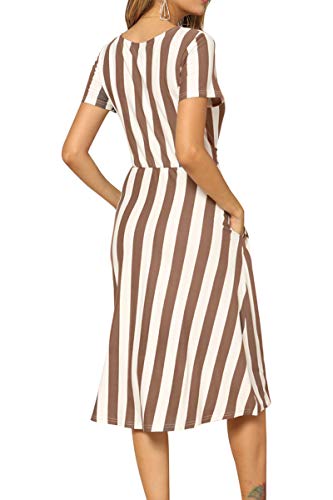 Womens Casual Short Sleeve Loose Swing Pockets Midi A Line Dress Coffee M