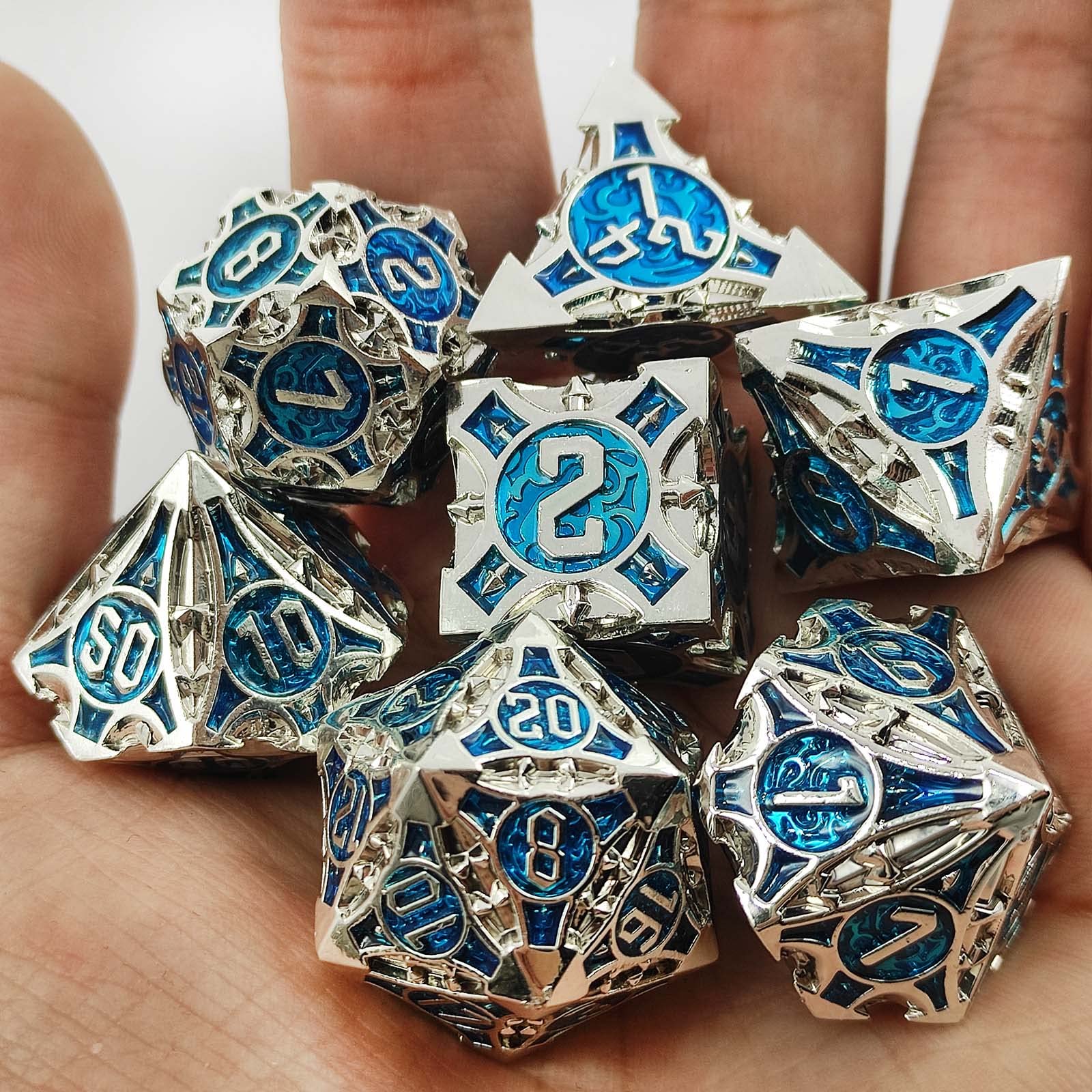 DND Metal Dice Set D&D Dungeons and Dragons Gift Polyhedron RPG MTG D20 D12 D6 D and D Pathfinder Board Games Dice Accessories with Storage Bag-Silver Blue