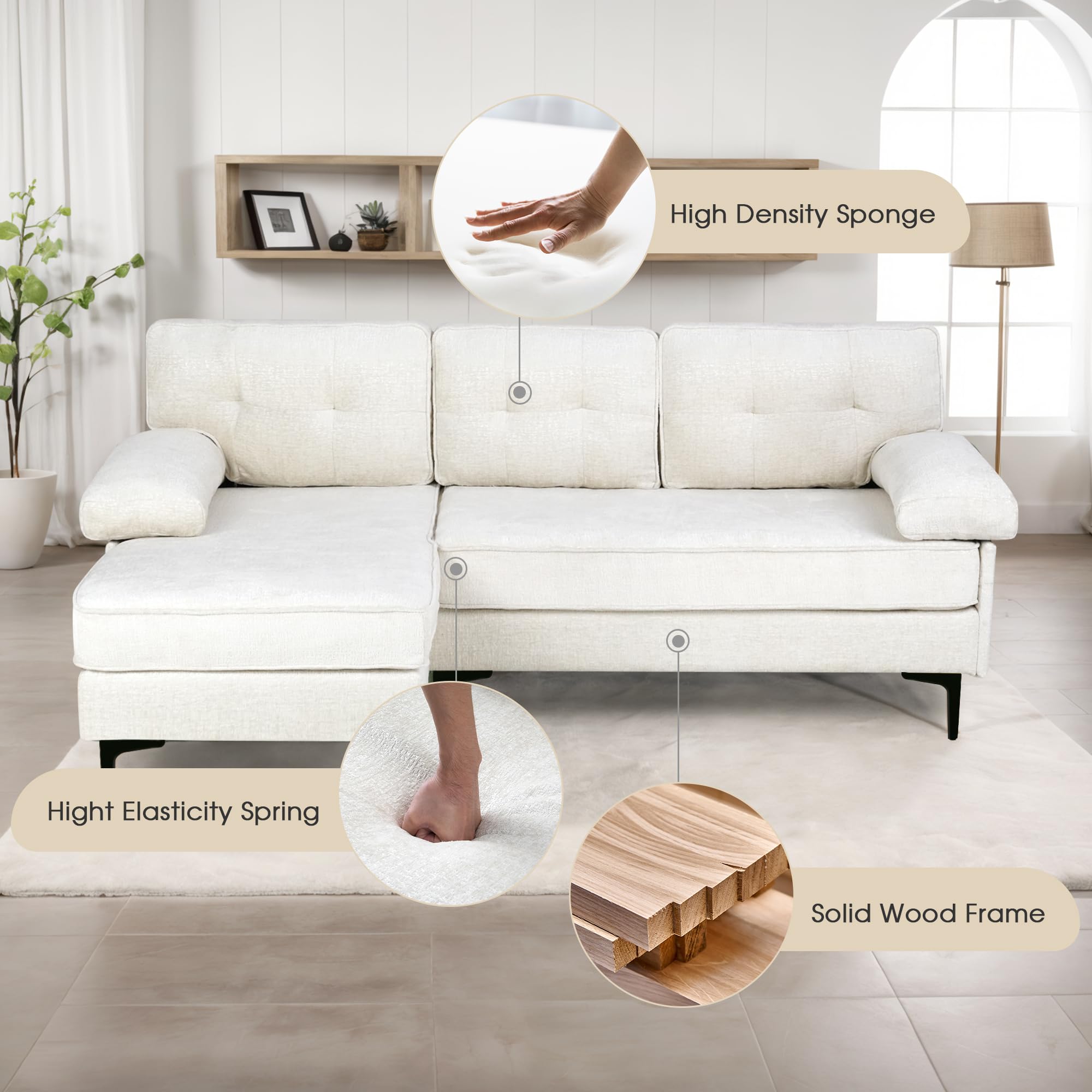 L Shaped Convertible Sectional Couch,82" Luxury Chenille 3-Seater Comfy Sofa With Reversible Chaise & Fluffy Armrests For Living Room Apartment Small Space Bedroom Office(Beige+Black legs,82")