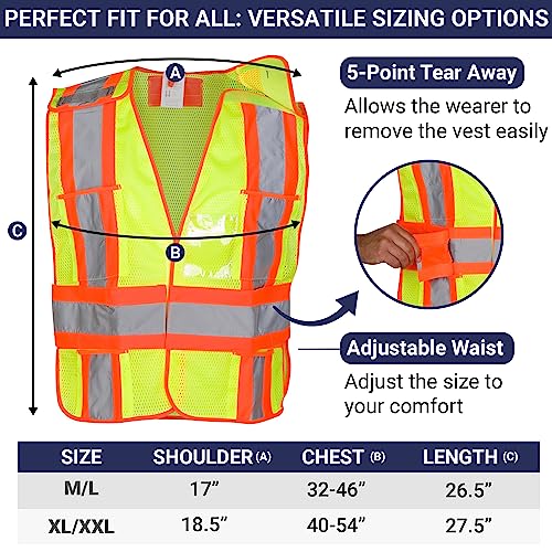 High Visibility Safety Vest β ANSI Class 2 Breakaway Vest with 5 Pockets, Yellow with Adjustable Hook and Loop Closure, Hi Vis Breathable Mesh, Heavy Duty Work Wear for Men or Women, 3 Pack (XL/XXL