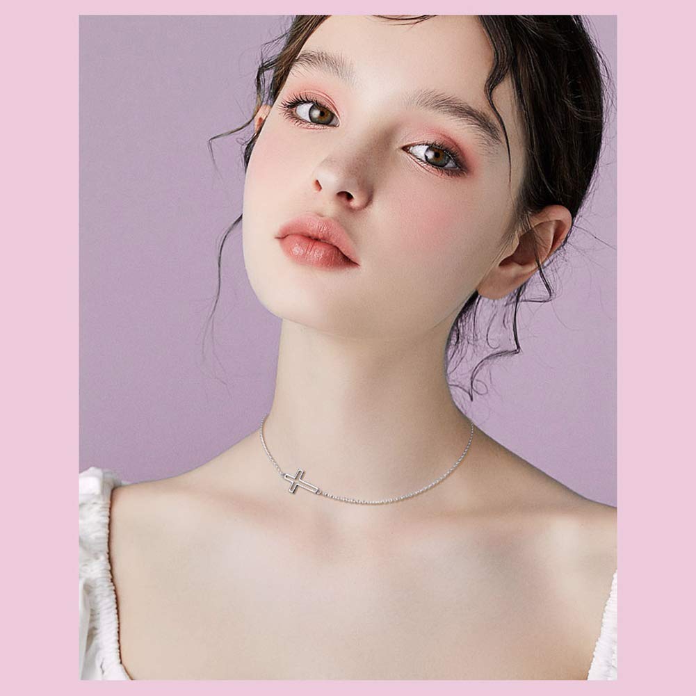 DAOCHONG S925 Sterling Silver Jewelry Sideways Hollow Cross Choker Necklace 14 inches to 18 inches