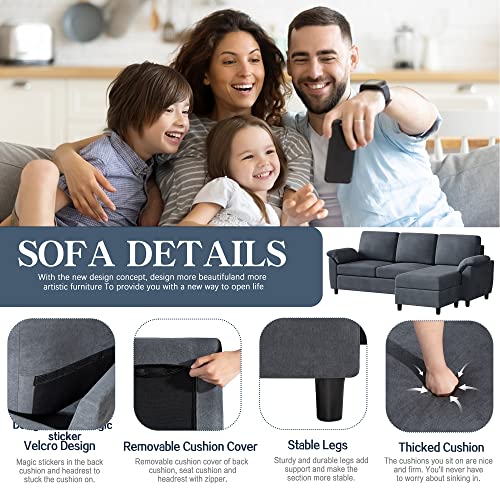 Meilocar 79β Modern Sectional Sofa Couch, Convertible L Shaped Couch with Reversible Ottoman, 3-Seat Sofa Sectional with Removable Armrest for Living Room, Apartment, Small Space, Blue Grey