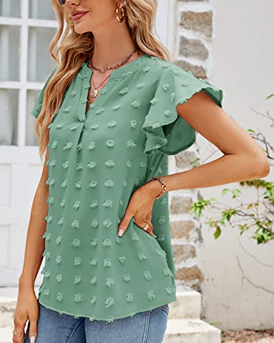Womens Summer Casual V Neck Tops Ruffle Short Sleeve Tunic Swiss Dot Dressy Flowy Blouses Shirts 2023 Light Green
