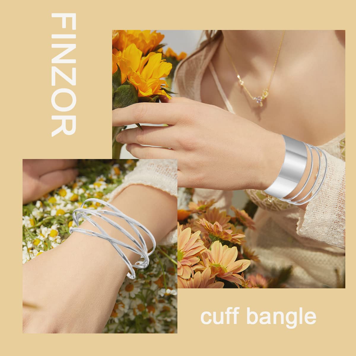 FINZOR 8 Pcs Cuff Bangle Bracelet for Women Open Wide Wire Bracelets Gold Wrist Cuff Wrap Bracelet(Silver)