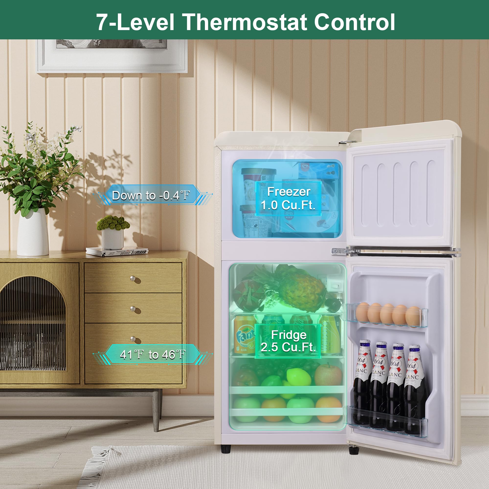 rosmena Retro Mini Refrigerator with Freezer, Retro Mini Fridge 2-Door Compact Refrigerator Freezer 3.5 Cu. Ft. Retro Mini Fridge with Adjustable Thermostat & Shelves for Kitchen,Dorm,Office(Cream)
