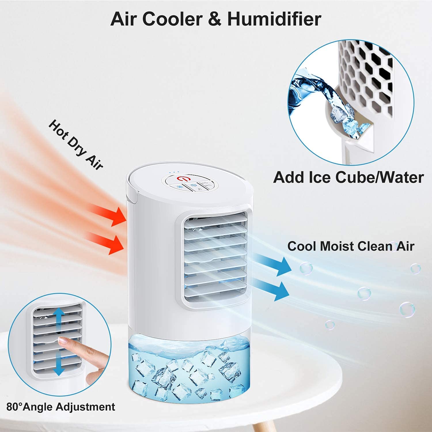 Evaporative Air Cooler, Portable Air Conditioner Fan Personal Bladeless Tower Fan/Remote Control AC Fan Cooling & Humidification, 3 Wind Speeds, 3 Modes, 40° Oscillation, 4-8H Timer Air Cooler (10.5")
