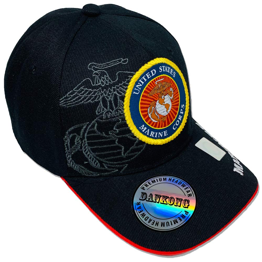 DANKONG U.S. Marine Hat -Official Licensed US Military 3D Embroidered Baseball Cap with Size Adjustable Hoop and Loop Closure for Men and Women - Circle Marine Logo - Black