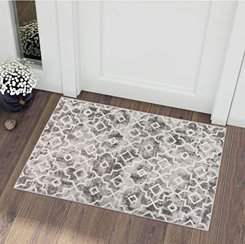 Wonnitar Moroccan Washable Area Rug - 2x3 and 2x4.3 Grey Distressed Entryway Kitchen Rug Non-Slip Modern Geometric Trellis Throw Rug Faux Wool Indoor Floor Carpet for Bedroom Bathroom Laundry