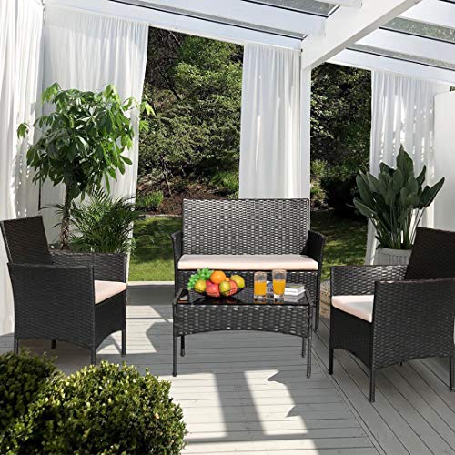 KaiMeng Patio Outdoor 4 Pieces Indoor Use Conversation Sets Rattan Wicker Chair with Table Backyard Lawn Porch Garden Poolside Balcony Furniture, Black