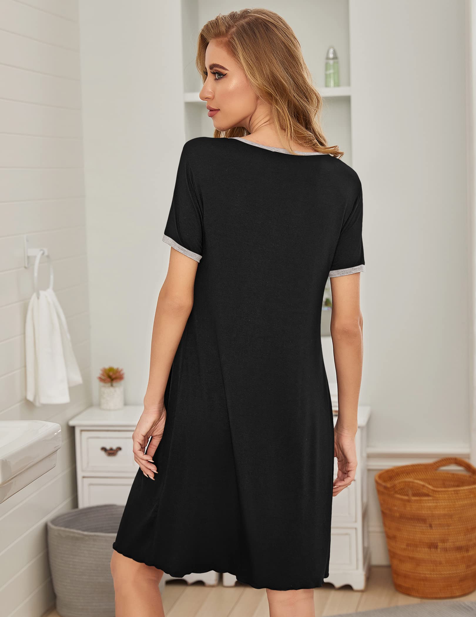 Ekouaer Women's Nightgown Soft Nightwear Maternity Loose Short Sleeve Sleepwear Black XXL
