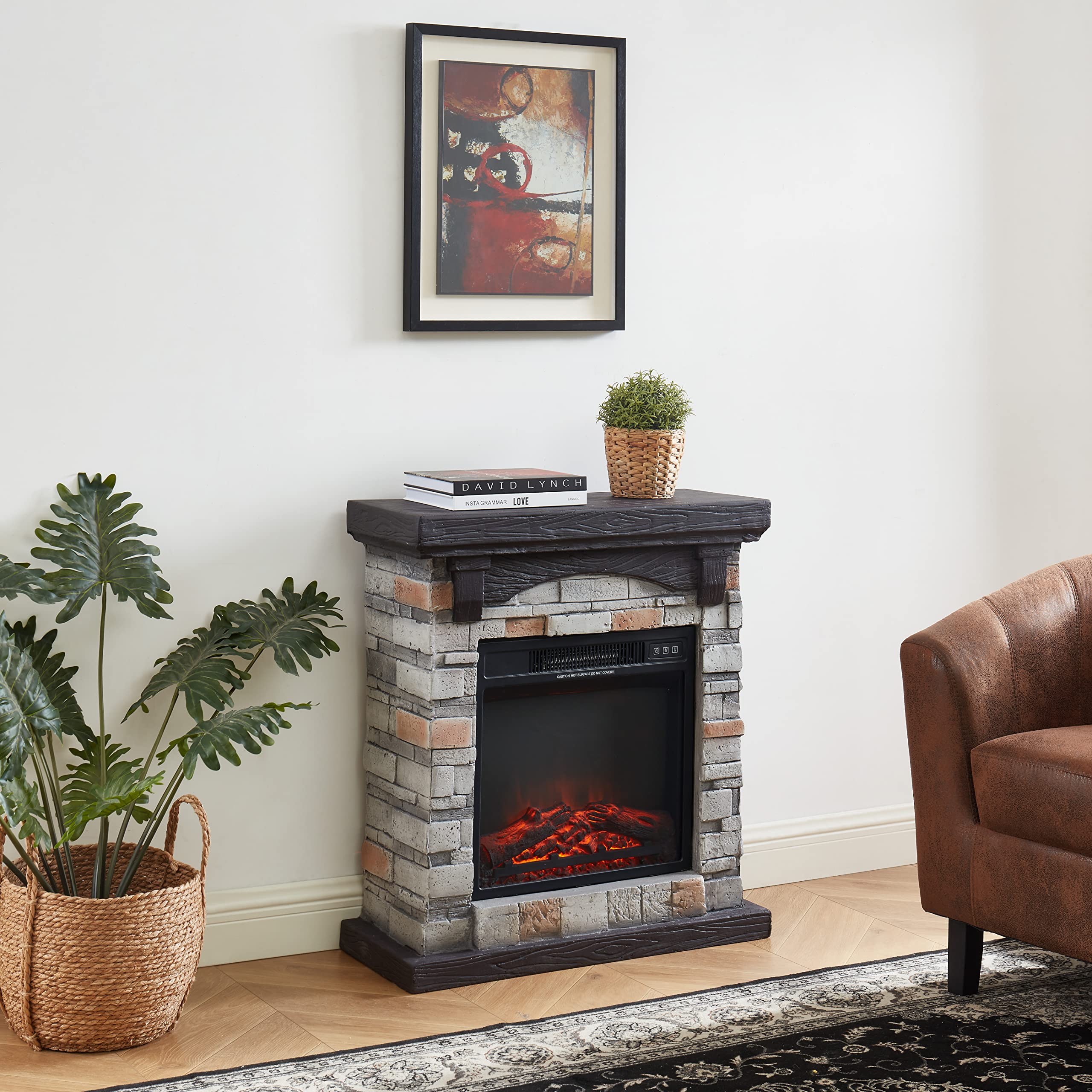 Edwin's Choice Electric Fireplace with Mantel, 28”W Faux-Stone Fireplace Mantel,Freestanding Fireplace, Realistic Flame Effect and 3D Log, Room Heater 28”Wx11”Dx31”H Gray