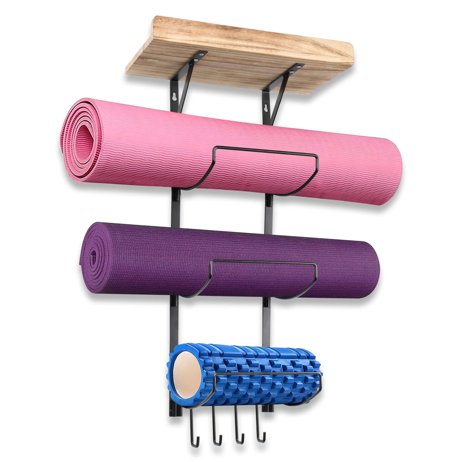 FIRJOY Wall Mount Yoga Mat Holder & Foam Roller Rack with Hooks and Shelf for Yoga Mat, Foam Roller Storage, Home Gym Accessories Organization