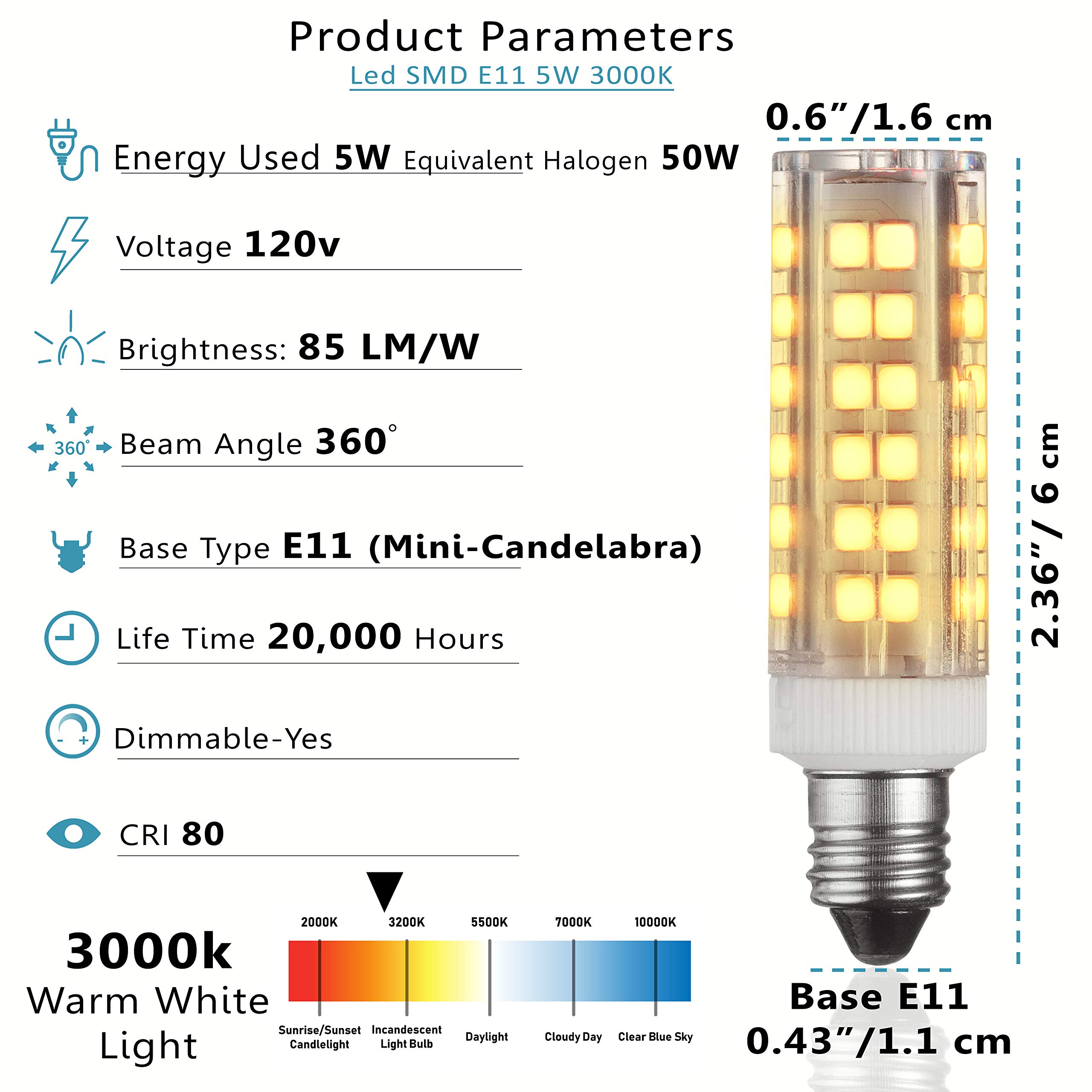E11 LED Bulbs – 5W - 50W Halogen Replacement - Dimmable - Mini-Candelabra Base Light Bulb - Replaces T4 /T3 JDE11 - Warm White 3000K - for Ceiling Fans, Cabinet Lighting, Sconce & More- 6 Pack