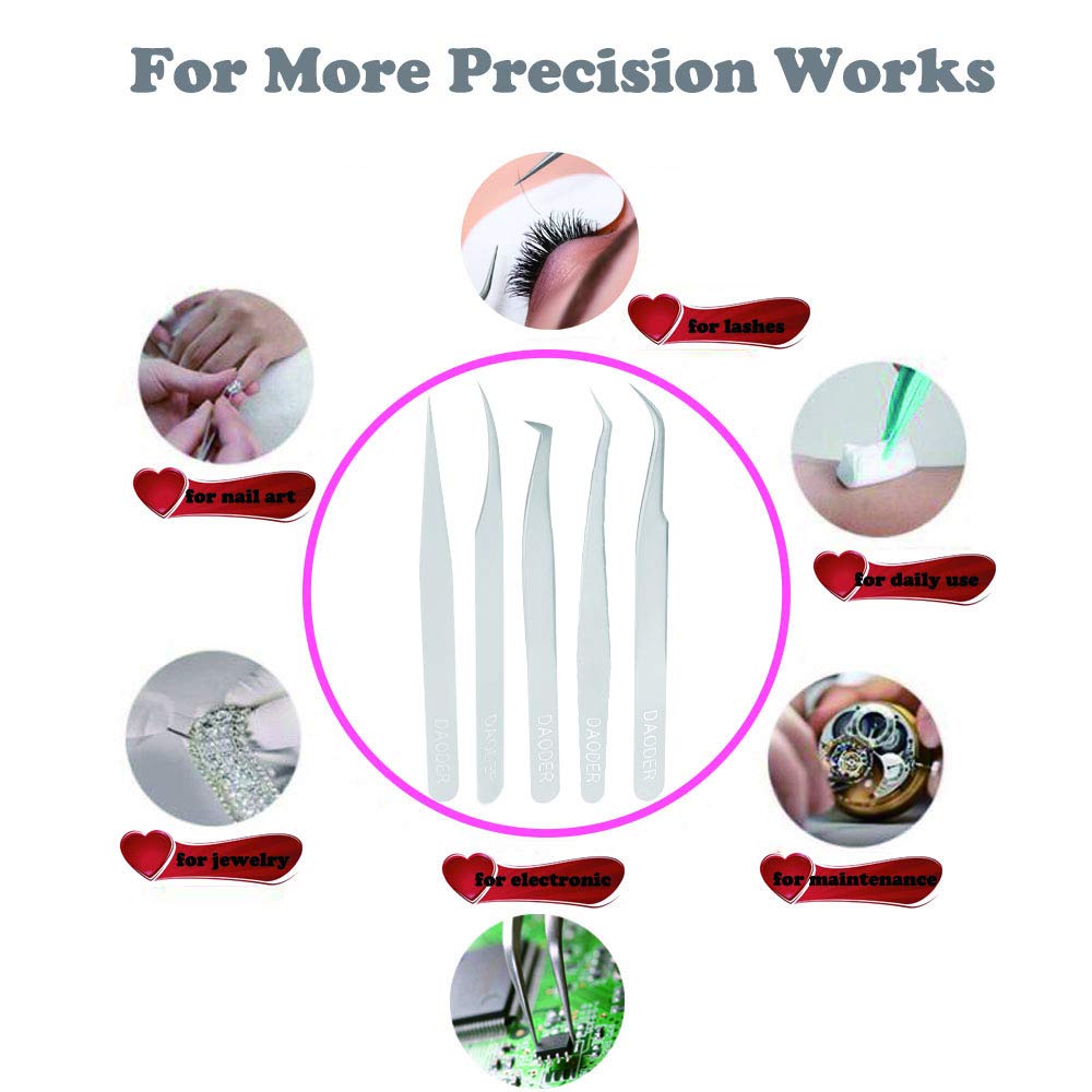 DAODER 5pcs Lash Eyelash Extension Tweezers Straight & Curved Bent Point Tip Precision Tweezers Set Tool for Lash Extension Application and Crafts with PU Storage Case