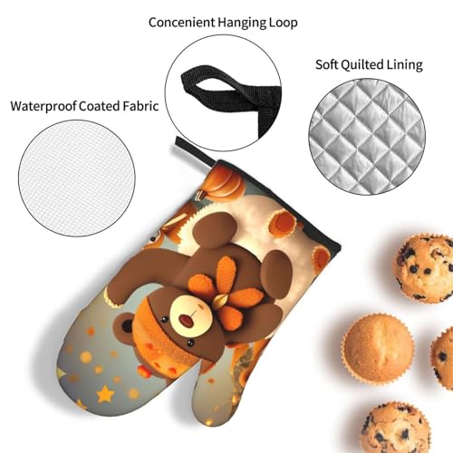 Dancing Thanksgiving Bear Oven Mitts and Pot Holders Set–Ultimate Heat Resistant Set for Kitchen and Dining