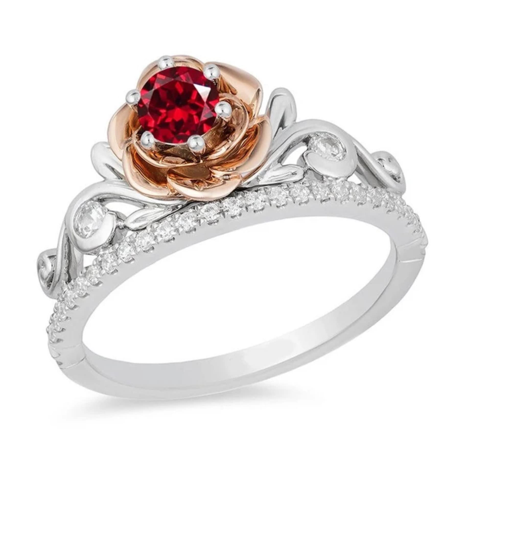 Enchanted Disney Belle 1 CT Round Cut Garnet Red Simulated Diamond Rose Design Two Tone Engagement Ring White Gold Finish 925 Sterling Silver (Two Tone Gold Finish, 7.5)