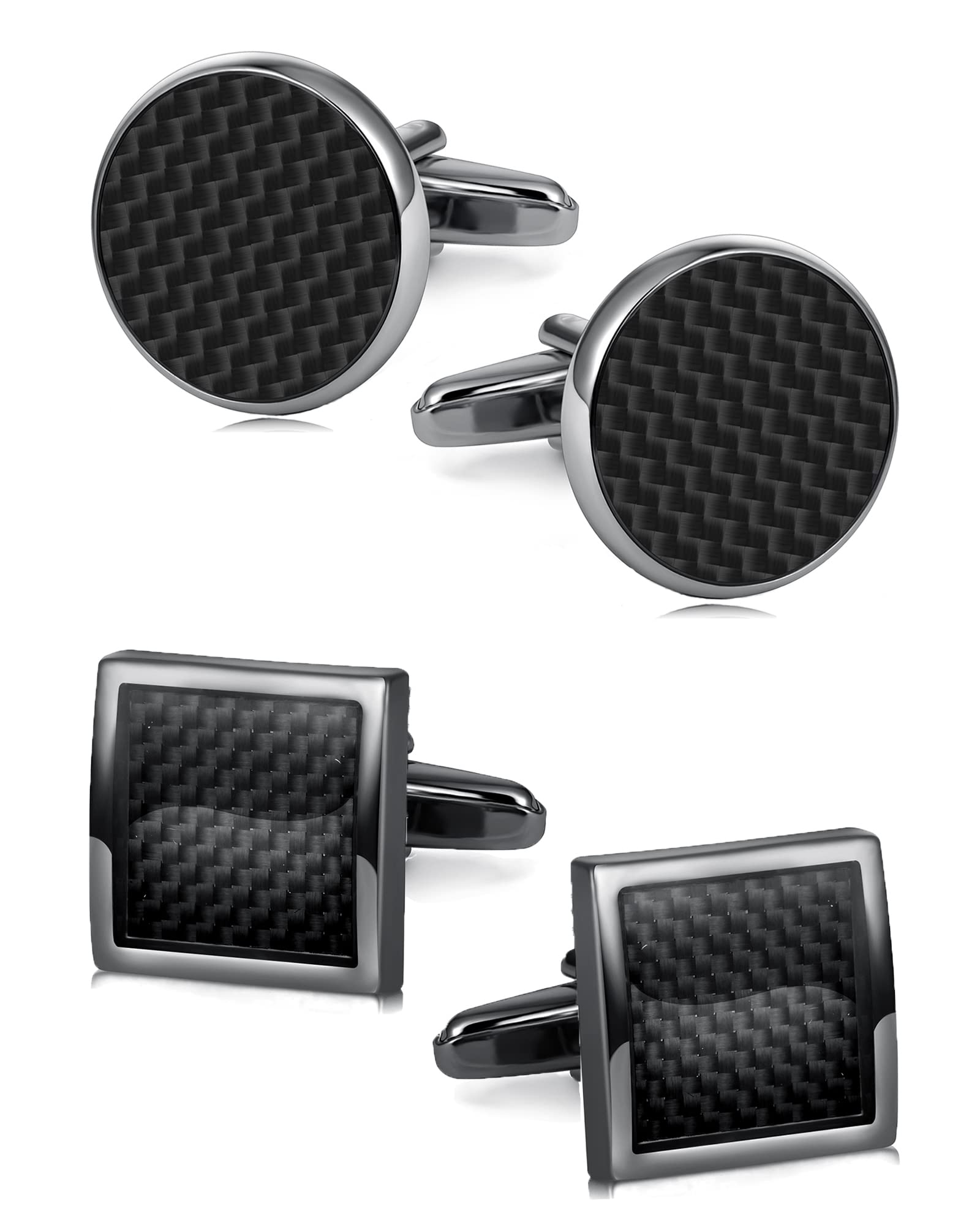 Fxiqini 2 Pairs Classic Tuxedo Cufflinks for Men Bridegroom Flat Square Round Knot Cuff Links For Business Wedding Silver Black Tone