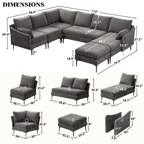 MELLCOM Modern U Shaped 6-seat Sectional Sofa Couch, Convertible Chenille Modular Sofa, Reversible Sleeper Couch with Chaise Lounge and Ottoman for Living Room, Grey