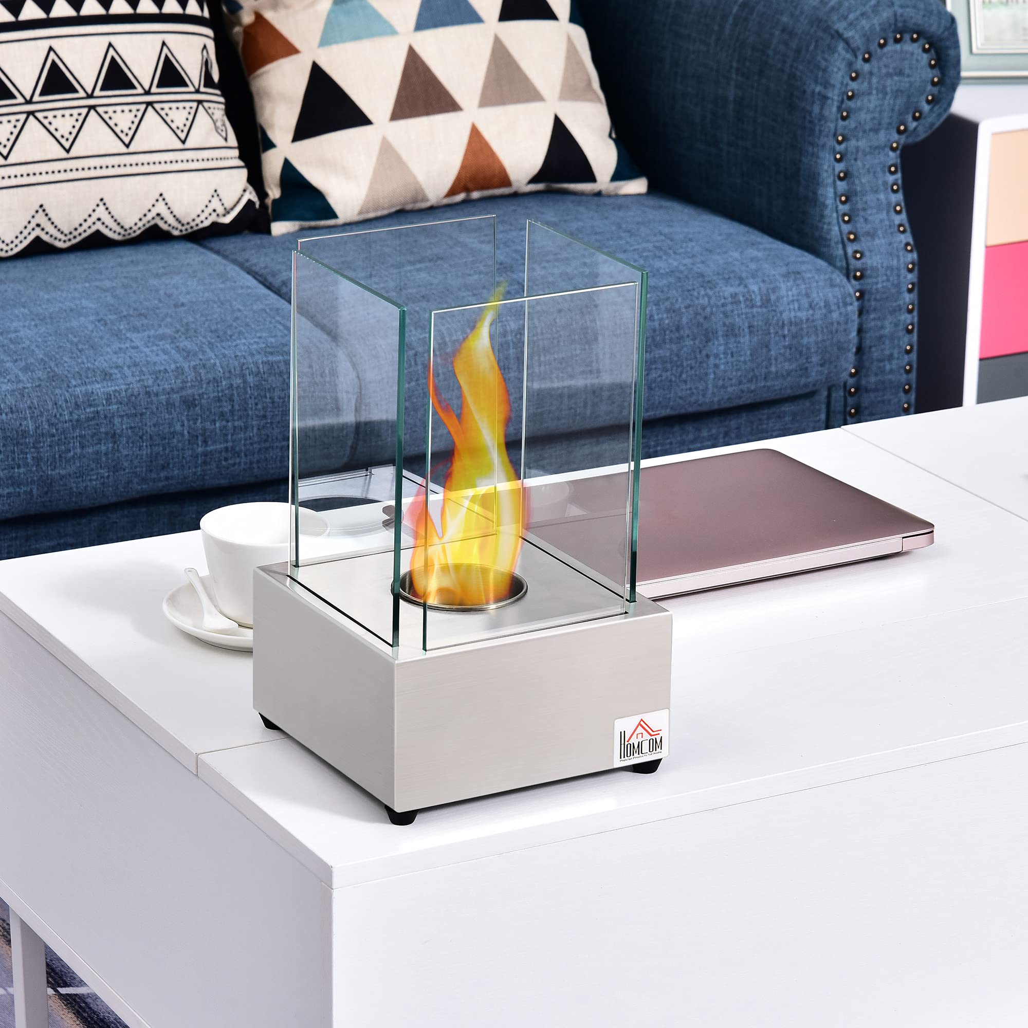 HOMCOM Ethanol Fireplace, 7.75" Tabletop 0.10 Gal Stainless Steel 160 Sq. Ft., Burns up to 2 Hours, Silver