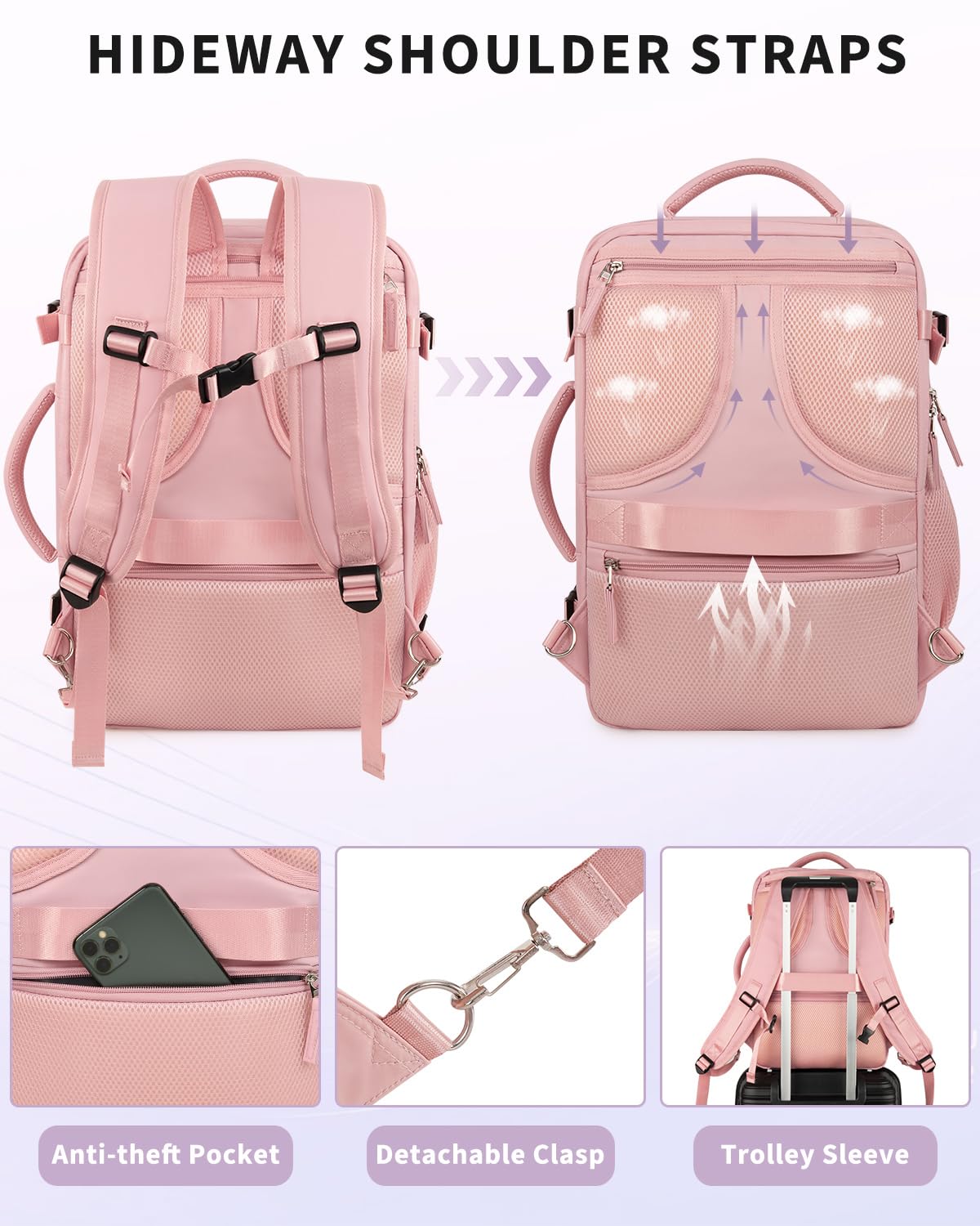 FALARK INC Travel Backpack For Women, 35L Carry On Backpack Flight Approved, Waterproof Personal Item Travel Bag Suitcase Backpack With USB Hole For Weekender, Traveling, Pink