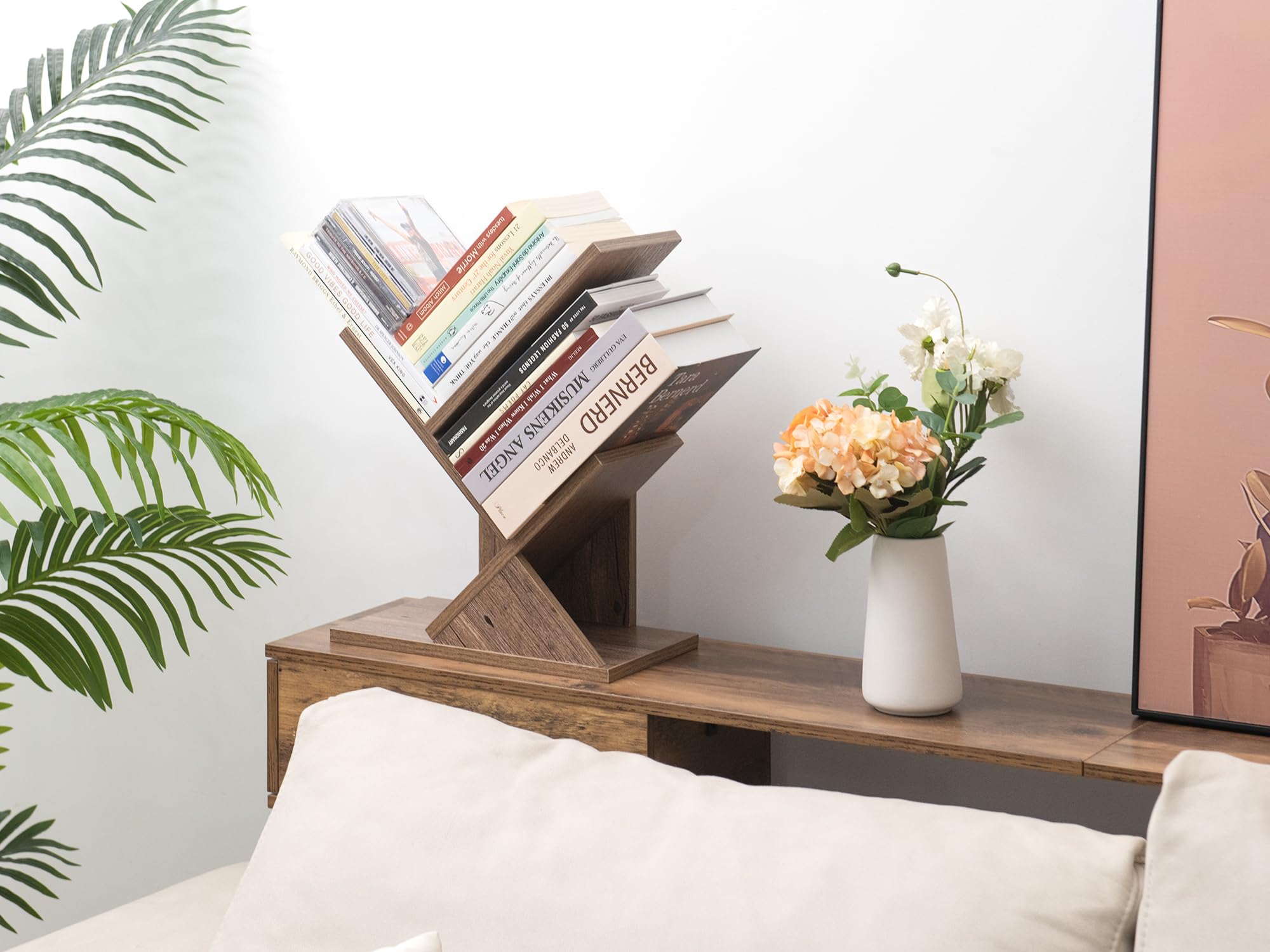 Labcosi 2 Tier Tree Bookshelf, Small Bookshelf for Storing Books/CDs, Wood Book Organizer Shelves for Home Office, Bedroom, Living Room, Rustic Brown
