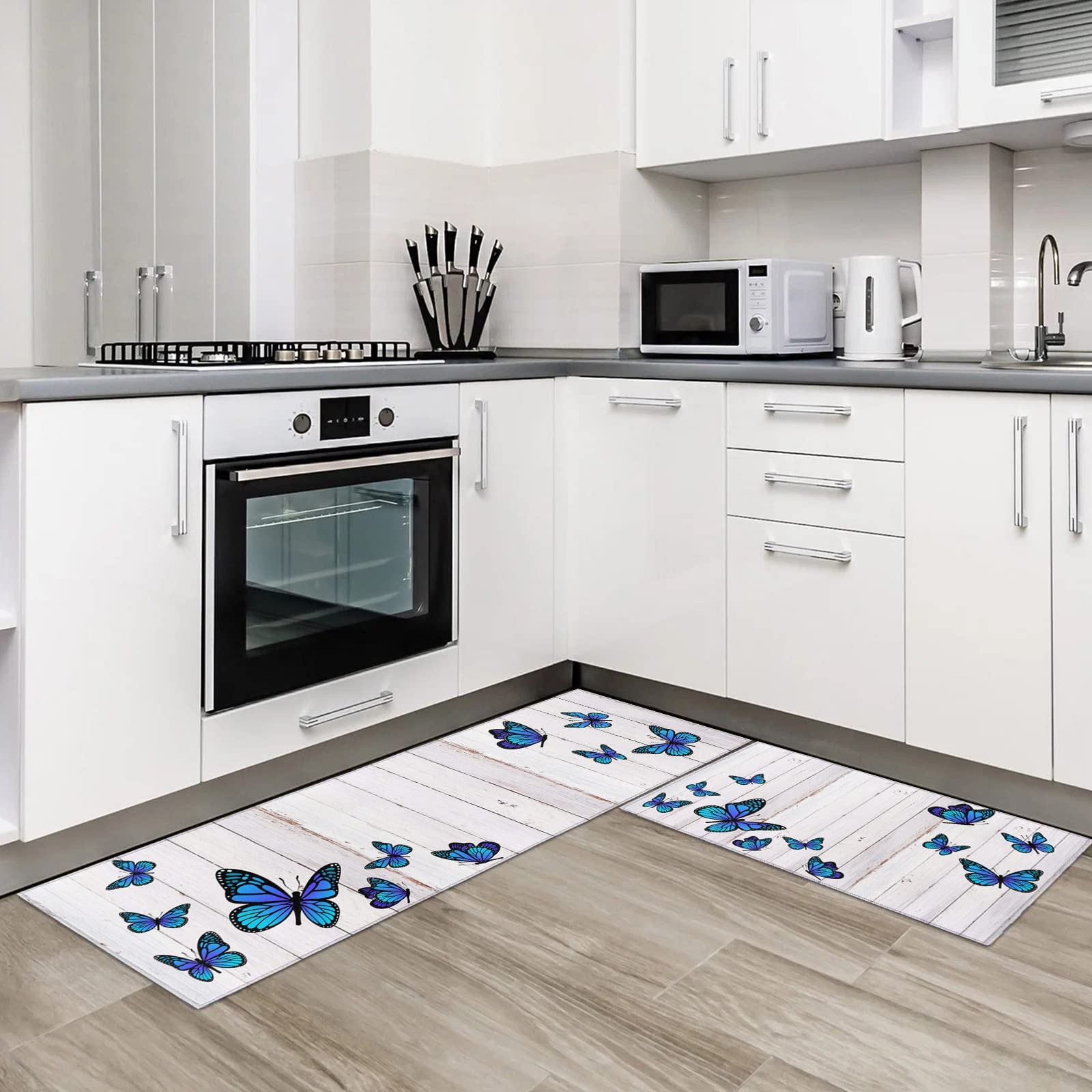 Farmhouse Style Kitchen Mats for Floor Cushioned Anti Fatigue 2 Piece Set Kitchen Runner Rugs Non Skid Washable Butterfly Vintage Wooden Plank