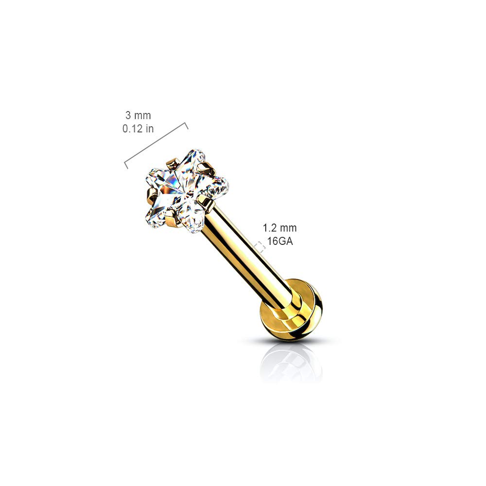 Covet Jewelry Star CZ Prong Set Top Internally Threaded Micro Base 316L Surgical Steel Labret, Flat Back Studs for Lip, Chin, Nose and More (16GA, Length: 5/16" (8mm), Ball: 3mm, Rose Gold)