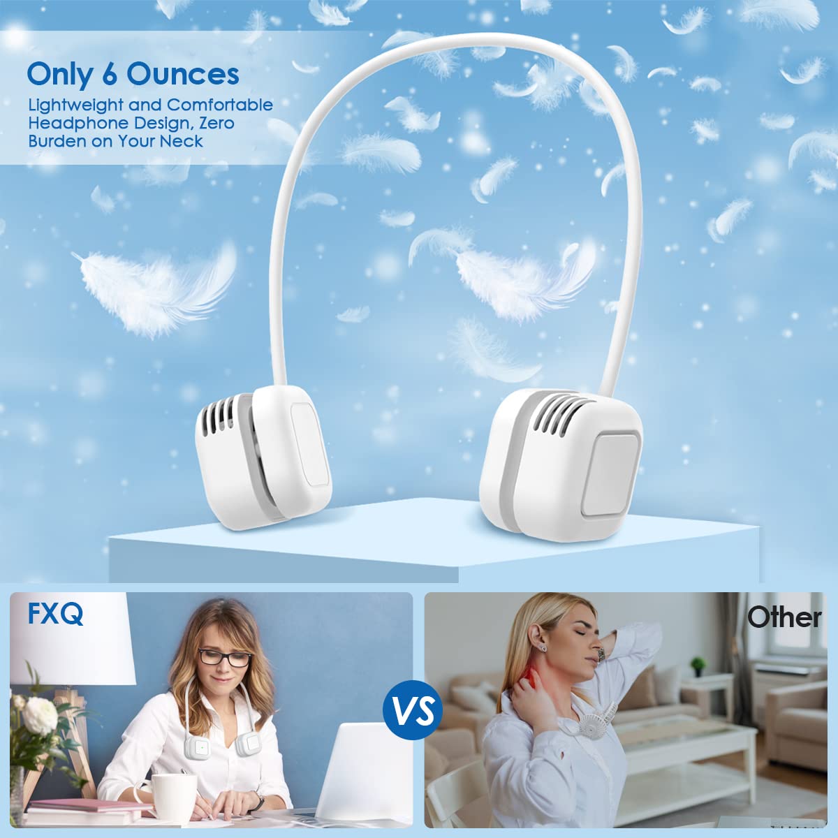 FXQ Portable Neck Fan, Upgraded Bladeless Rechargeable Hands Free Foldable Personal Mini Fan with 3 Speeds Adjustable, 360° Free Rotation Cooling for Hot Flashes