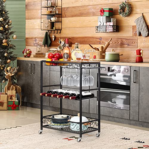 melos Bar Cart, Mobile Bar Serving Cart, Rolling Wine Cart with Glass Stemware Rack and Wine Bottle Holders, ndustrial Vintage Style Kitchen Serving Cart for, Kitchen(Brown)