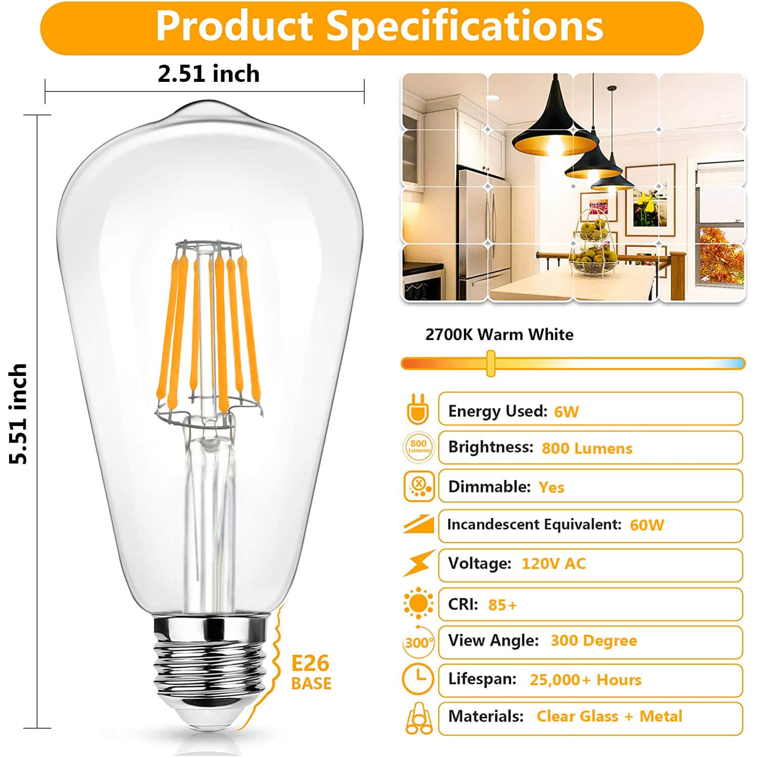 E26 LED Bulb 60 Watt Equivalent Dimmable Edison Bulbs, 800 Lumens High Brightness with Clear Glass, Eye Protection LED 85+ CRI, ST64 ST19 ST21 Antique Light Decor Pack of 3 (2700K Warm White)