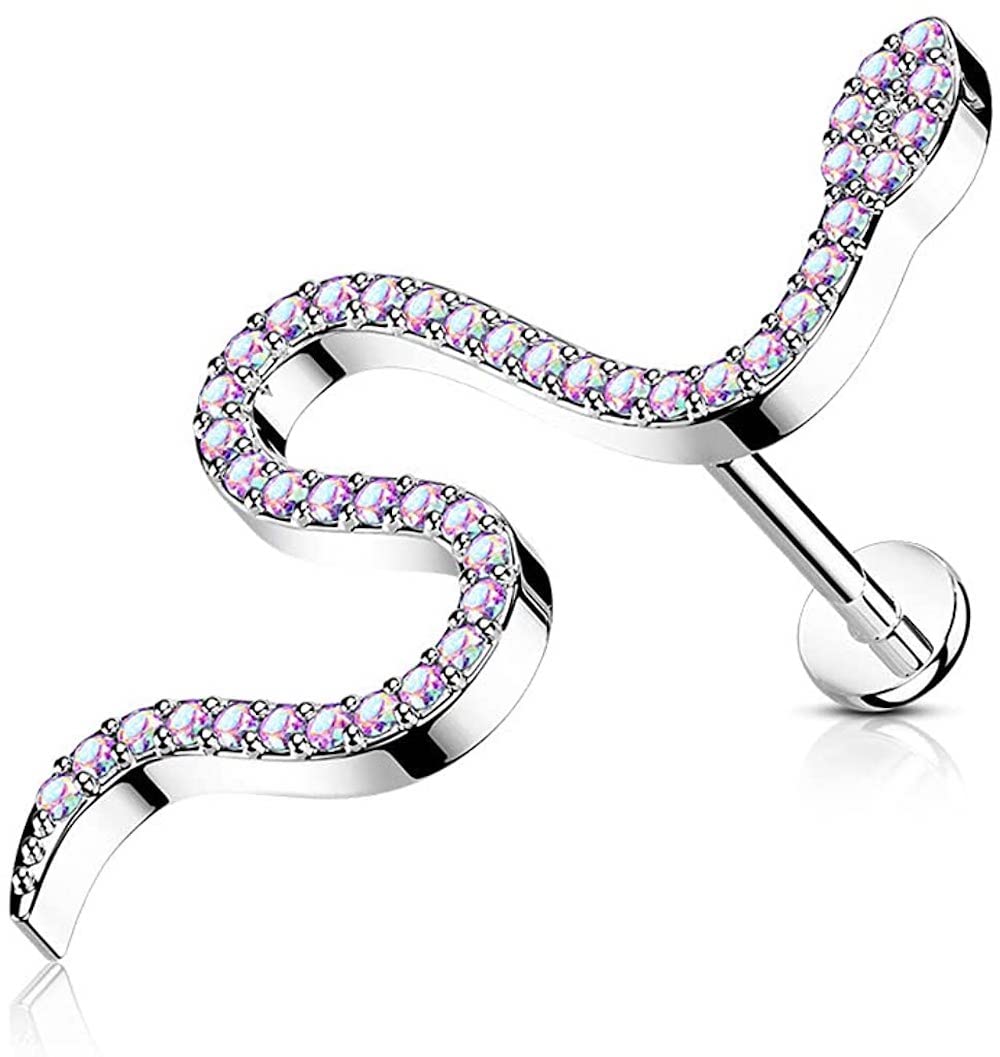Covet Jewelry Snake Paved CZ Top on Internally Threaded 316L Surgical Steel Flat Back Studs for Labret, Monroe, Cartilage and More (16GA, L: 5/16" (8mm), Aurora Borealis)