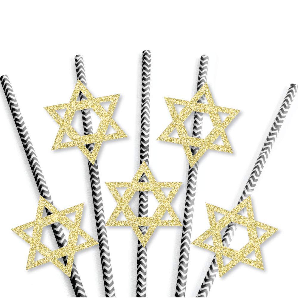 Gold Glitter Star of David Party Straws - No-Mess Real Gold Glitter Cut-Outs & Decorative Hanukkah Paper Straws - Set of 24