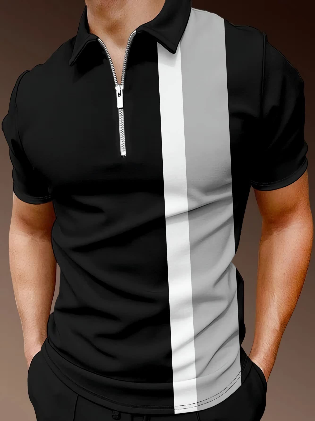 Ecosunny Men's Classic Polo Shirts Long Sleeve Striped Printed Zipper Casual Slim Fit Athletic Golf Shirts
