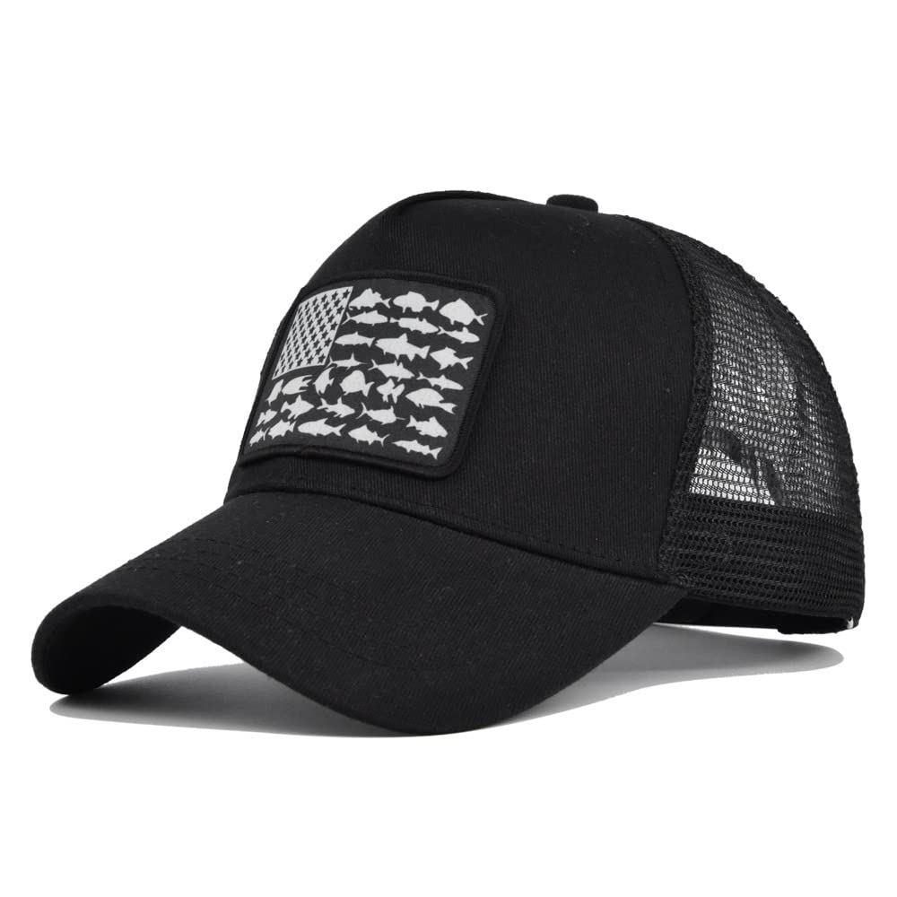 Fish Flag Mesh Snap Back-High Baseball Cap/Men Women Mesh Baseball Snapback Cap/Outdoor Baseball Hat for Adults (Black)