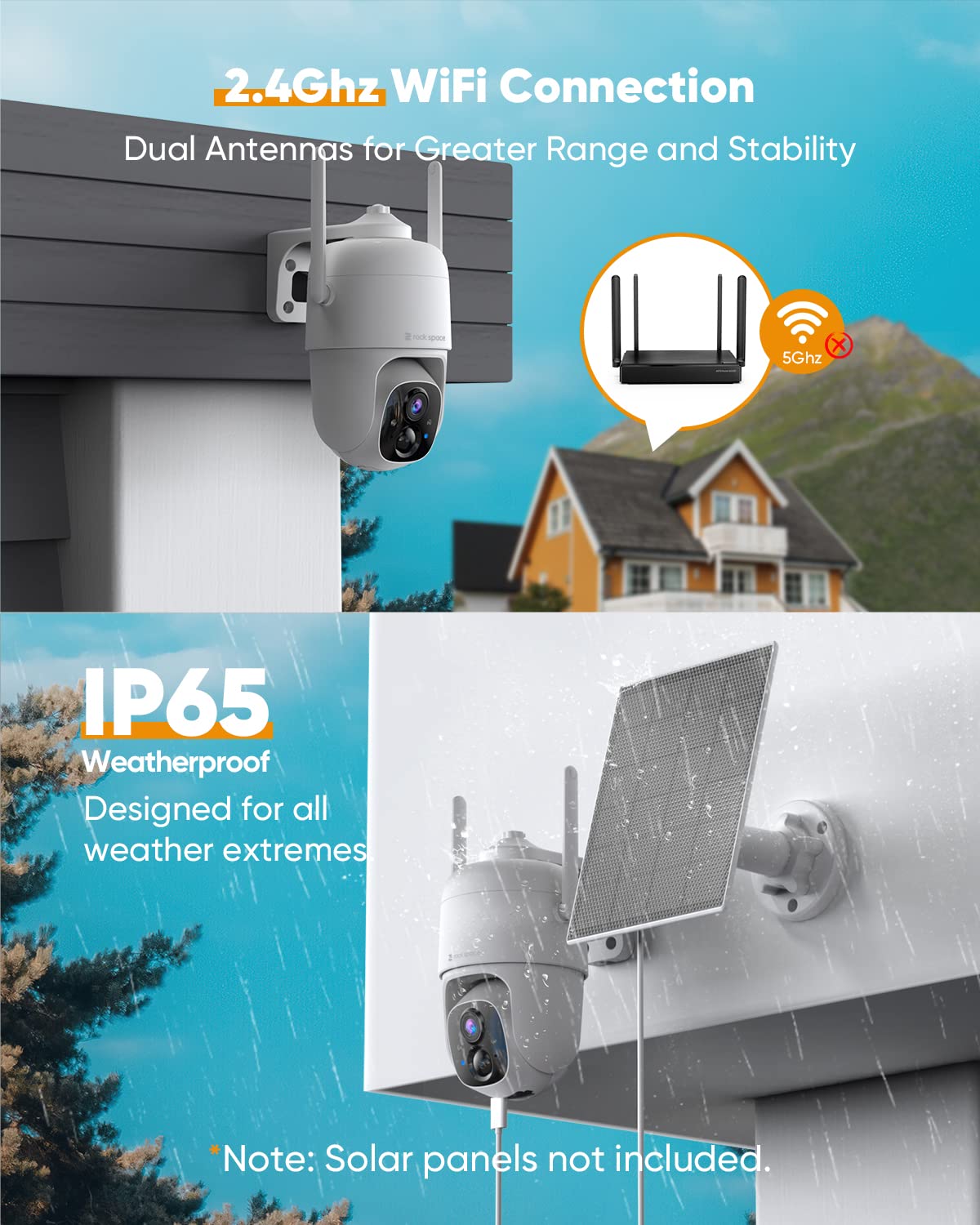 rockspace Outdoor WiFi Security Camera, 360° View Security Camera Wireless Outdoor, Pan Tilt Solar Powered with 1080p Night Vision, 2.4 Ghz Wi-Fi, 2-Way Talk, Motion Detection, Ip65 Waterproof