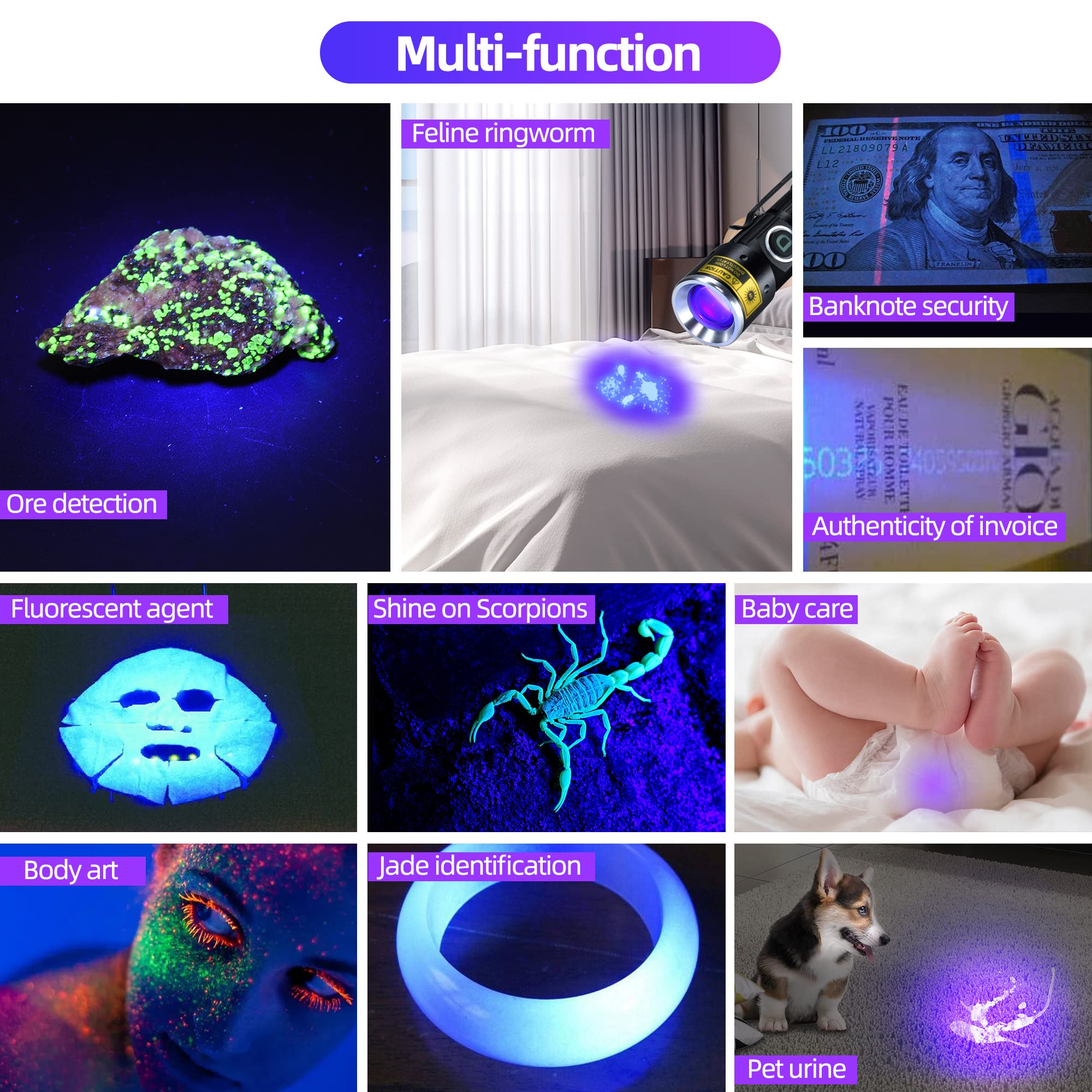 DARKDAWN UV 395nm Light Flashlights USB Rechargeable Ultraviolet LED Blacklight Mini Wood’s Lamp Portable Blacklight for cat Urine Detection Dry Stains, Uranium Glass, Leak Detection, D15 395 nm