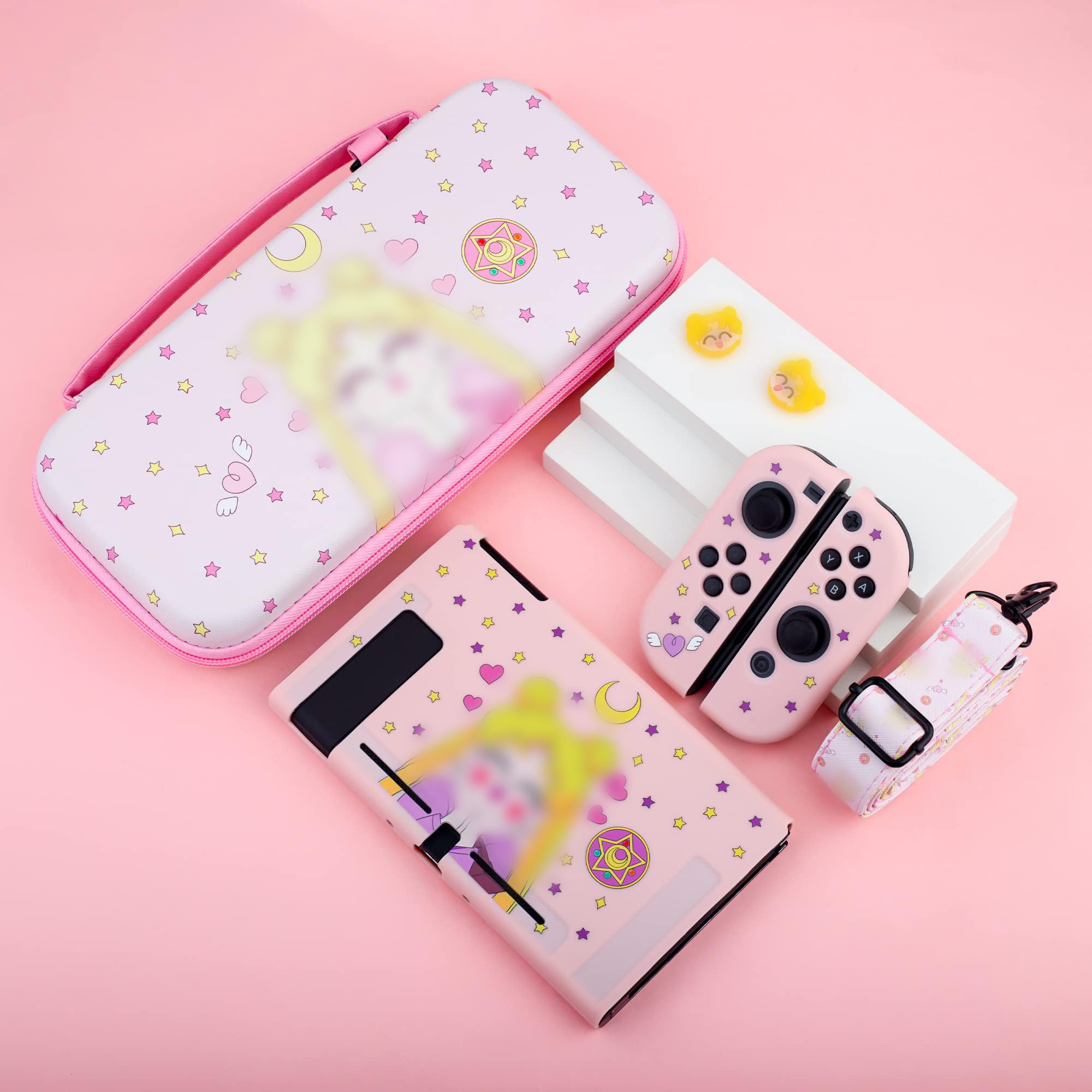 FUNDIARY Anime Girl Carrying Case for Nintendo Switch, Cute Travel Bag Storage Case for Switch and Accessories with Protective Shell, Screen Protector, Adjustable Shoulder Strap and 2 Thumb Grips