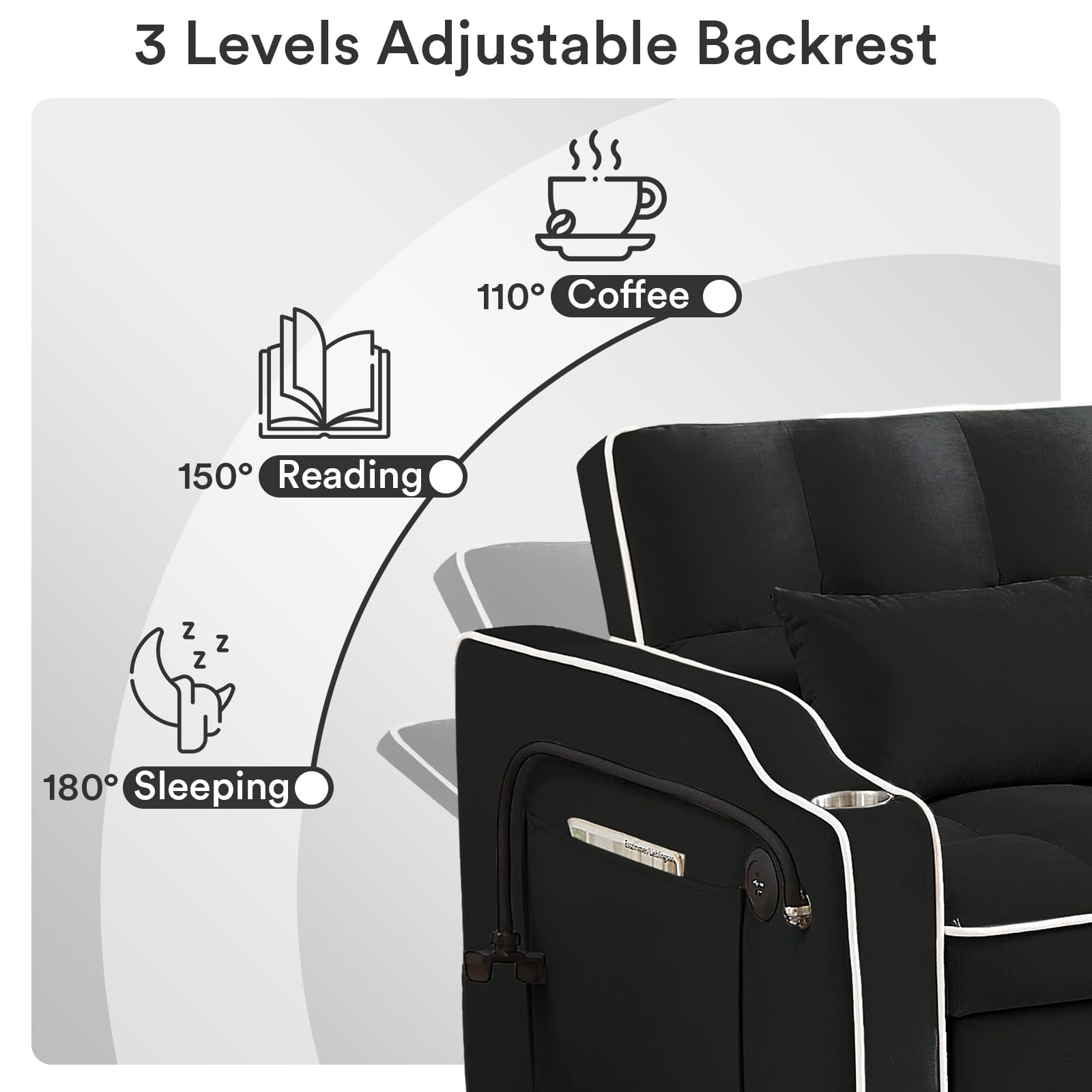 Rovibek 3 in 1 Convertible Sleeper Sofa Bed Pull Out Couch Futon Loveseat Velvet Chaise Lounge with 2 Pockets and 2 Pillows for Living Room, Full Size, Black