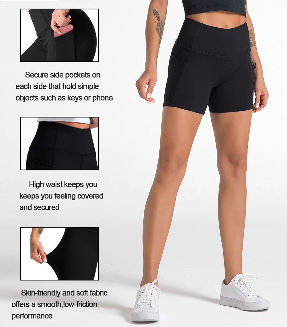 Dragon Fit High Waist Yoga Shorts for Women with 2 Side Pockets Tummy Control Running Home Workout Shorts(Medium, Black)