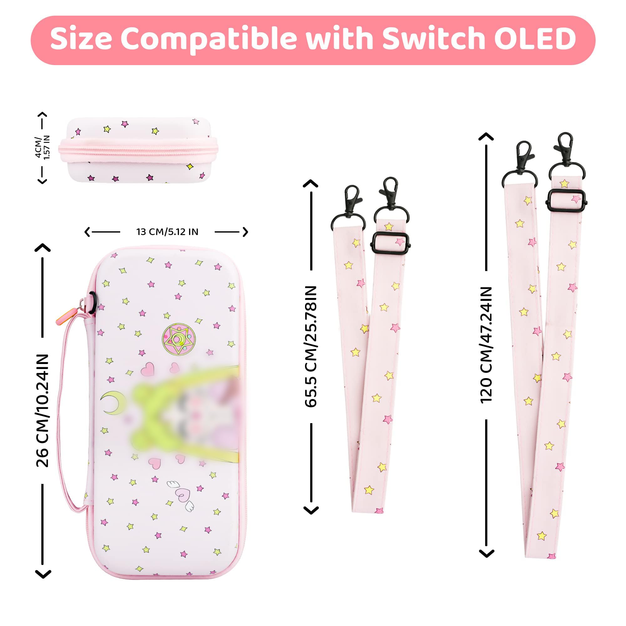 FUNDIARY Cute Girl Carrying Case Set Compatible with Nintendo Switch OLED, Potable Bag Accessories Bundle for Switch OLED with TPU Protective Case, Shoulder Strap, Screen Protector and 2 Thumb Caps