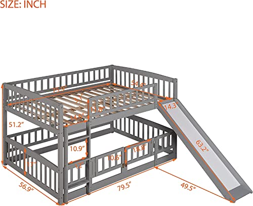 Harper & Bright Designs Low Bunk Beds Full Over Full, Wood Kids Bunk Bed with Slide, Fence and Ladder, Full Size Bunk Beds for Girls Boys, Grey