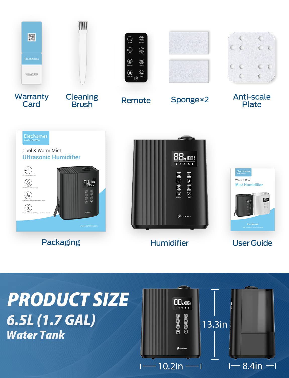 Elechomes SH8830 Humidifier, 6.5L(1.72Gal) Top Fill Warm and Cool Mist Humidifiers for Bedroom with Remote Control, 700 ml/h Max, Auto & Sleep Mode, 360° Nozzle, Auto Shut-Off
