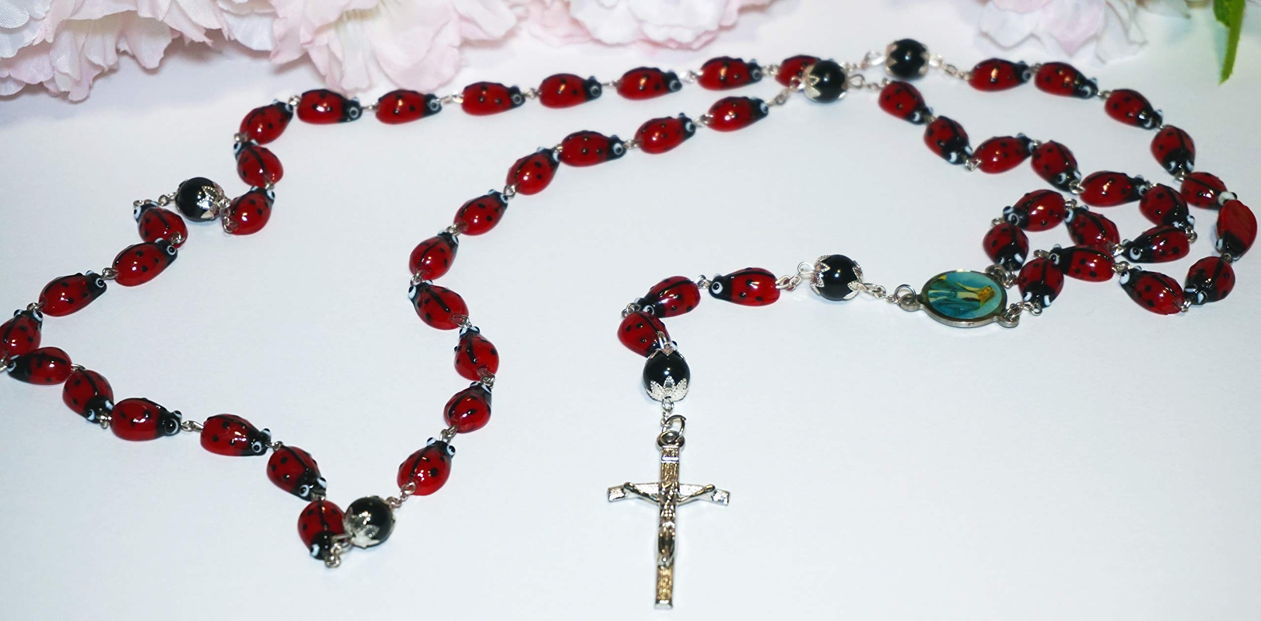 col-p Catholic Steel Rosary Ceramic Ladybug Devotional 29" inch long centerpiece Lady of Grace Sanctified Papal Crucifix Zinc Alloy