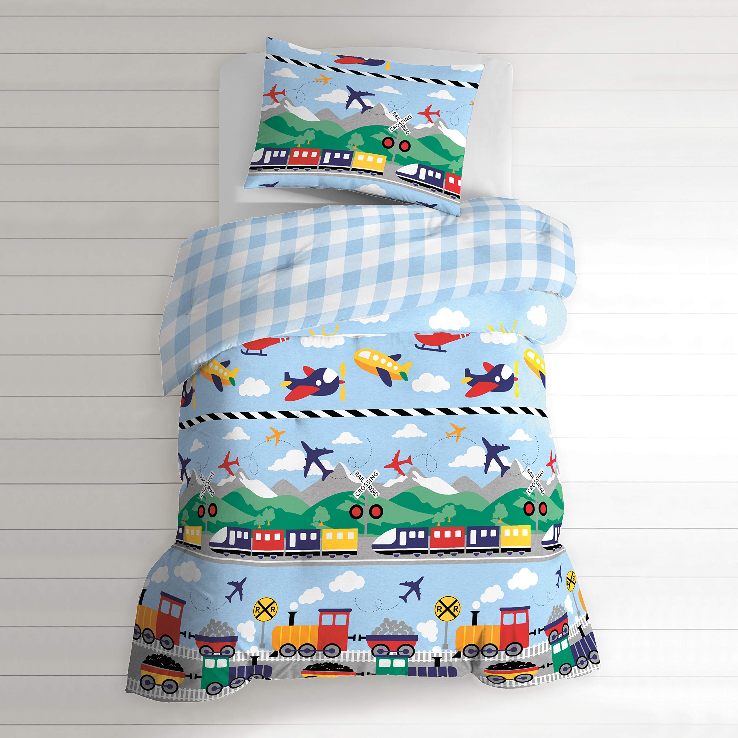 Dream Factory Kids 2-Piece Easy-Wash Super Soft Cotton Comforter and Pillow Sham Set, Twin, Blue Trains and Planes