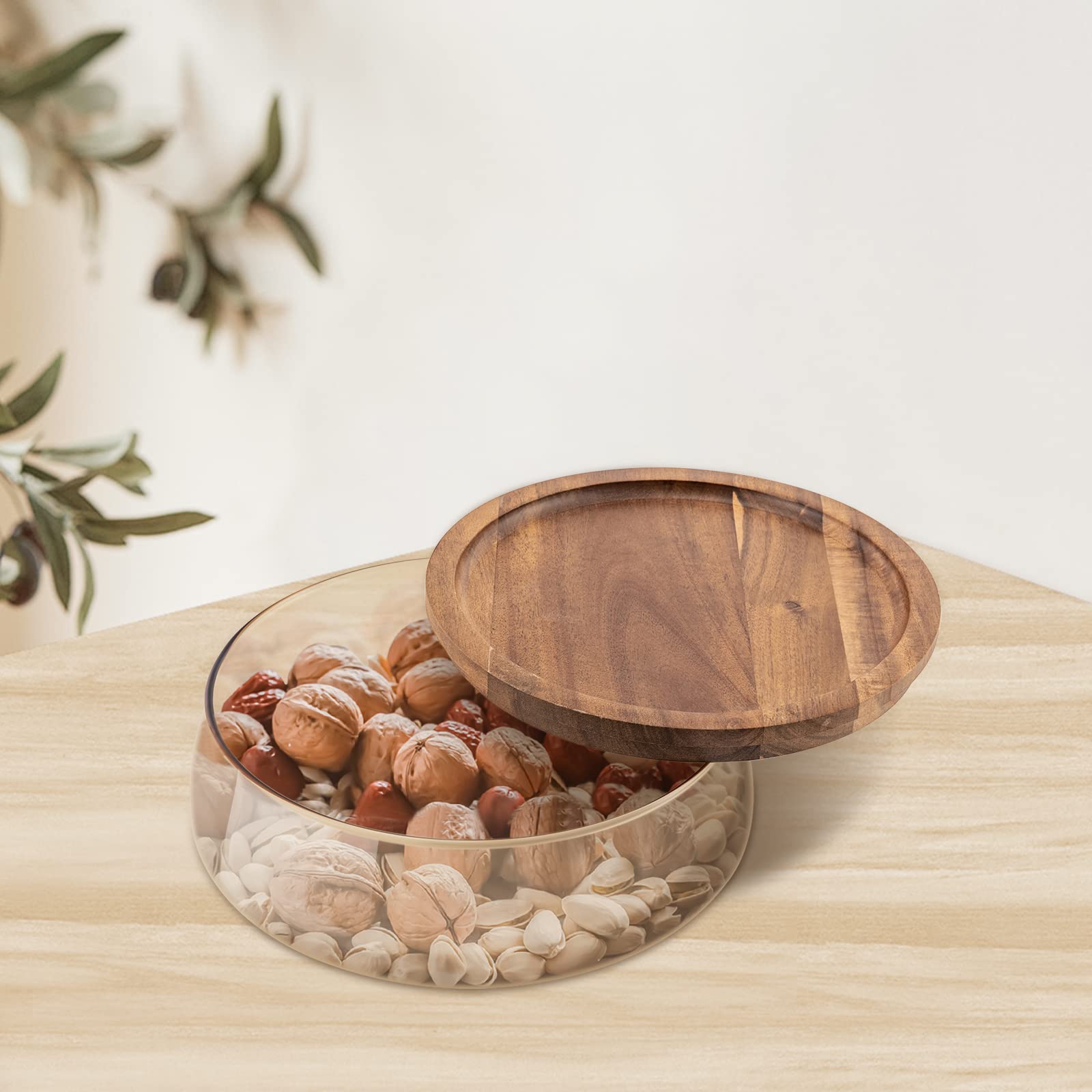 Glass Candy and Nuts Serving Container Rustic Salad Bowl with Wooden Lid Farmhouse Style Round Food Storage Platter Clear Storage Bowl for Home Kitchen Fruit Snack Vegetable Candy Nut, Brown