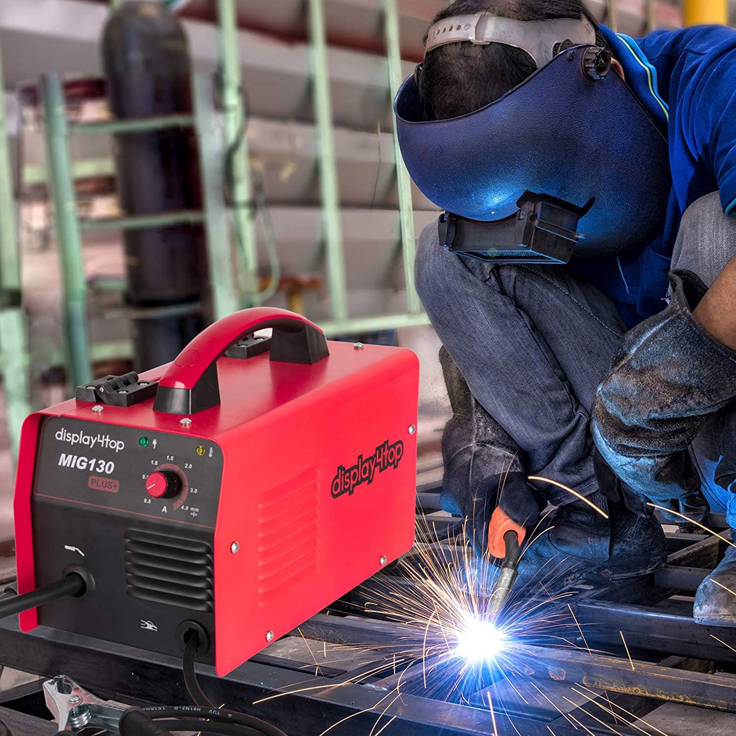display4top Mig Welder, 130A Portable Welding Machine, Flux Core Wire Welder, MIG 130 Automatic Feed Welding Machine Equipment with Mask - 110V (red)