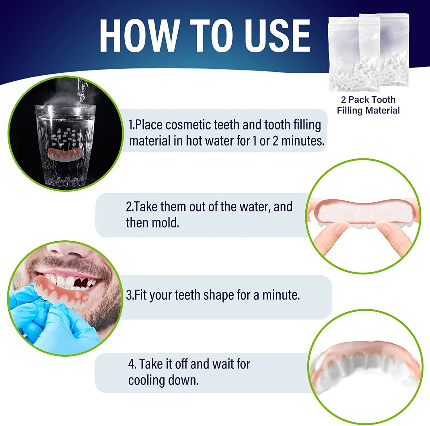 Fake Teeth, Dentures Teeth for Upper Jaw, Nature and Comfortable, Protect Your Teeth, 2 PCS