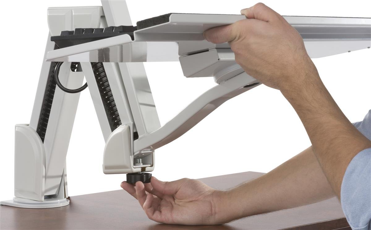 Displays2go Articulating Monitor & Tablet Work Station, Mounts on Counter or Wall, Steel & Aluminum Construction β White (DWSSW02WT)