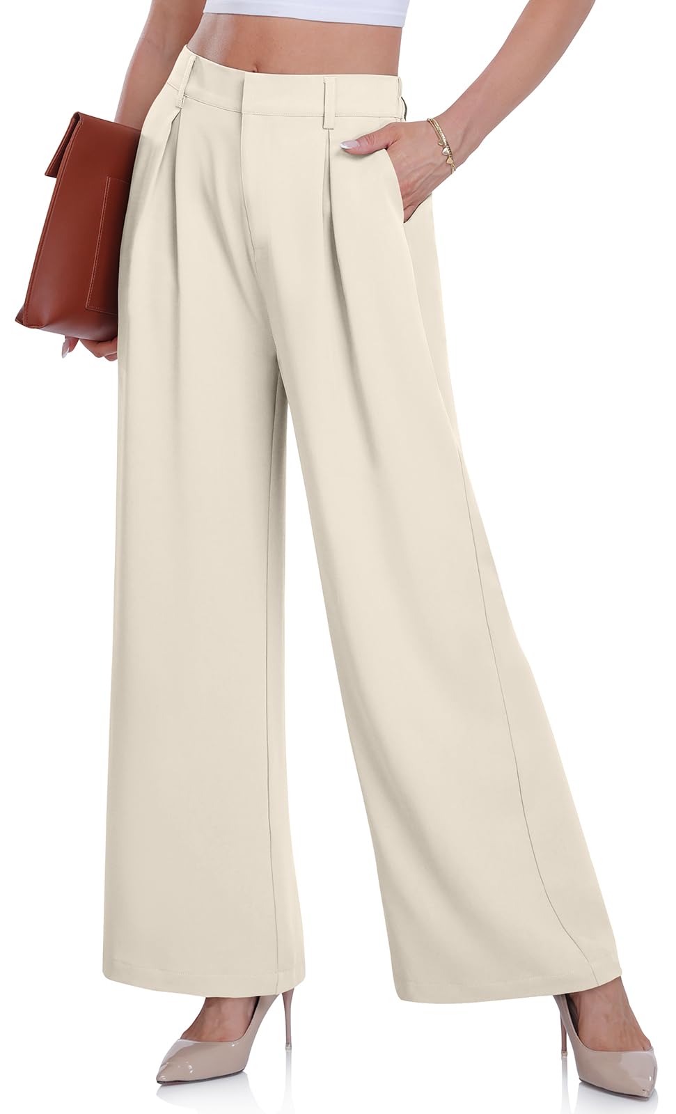 DACESLON Wide Leg Dress Pants Womens Palazzo 2024 Summer High Waisted Formal Business Work Trousers Suit Straight Dressy Pants (Beige, L)