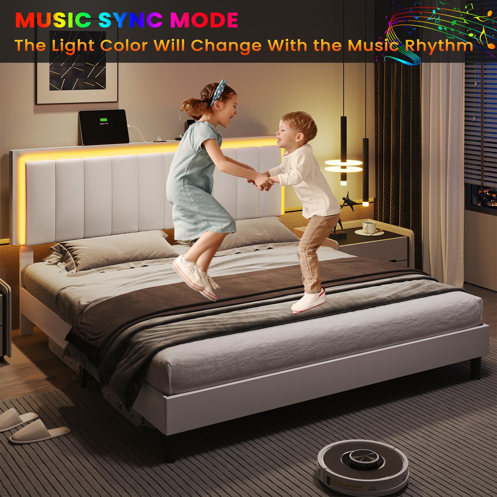DICTAC Bed Frame King Size with Led Lights and USB Ports Modern King Size Upholstered Platform Bed Frame with Adjustable Headboard Faux Leather Led King Bed Frame,No Noise,No Box Spring Needed, Black